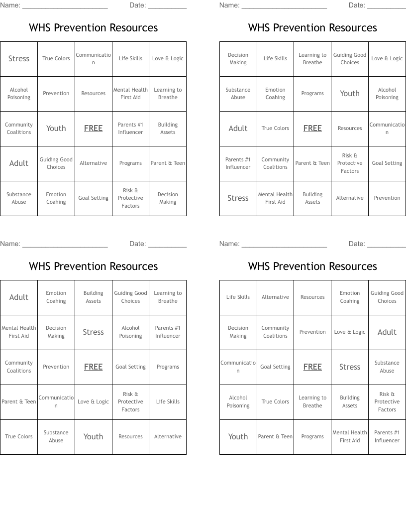 WHS Prevention Resources Bingo Cards - WordMint