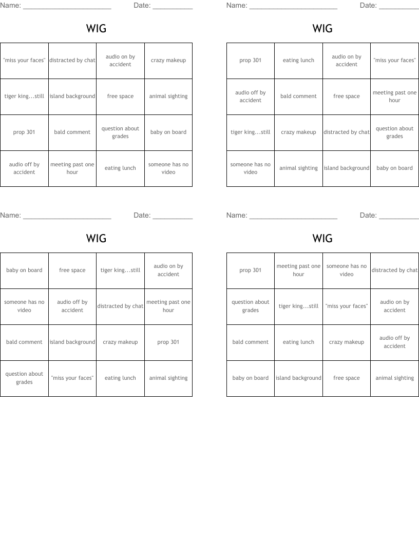 WIG Bingo Cards - WordMint