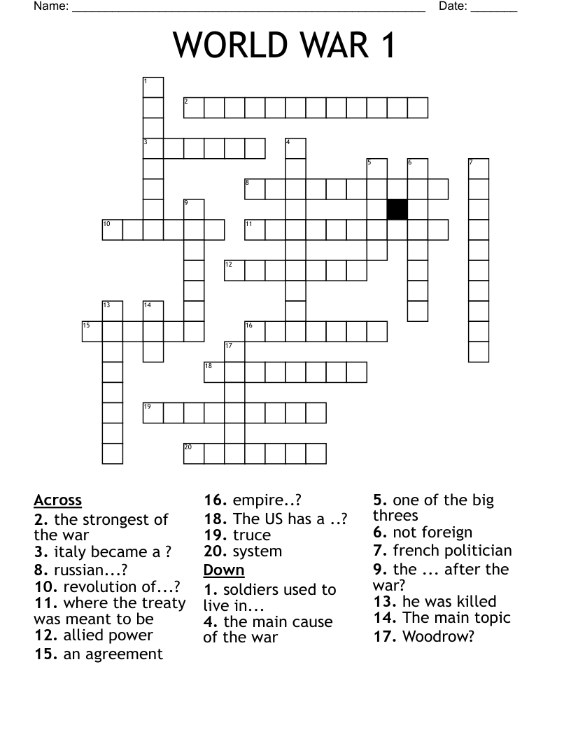 WORLD WAR 1 Crossword - WordMint