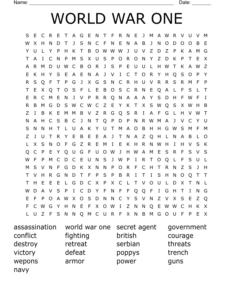 WORLD WAR ONE Word Search WordMint