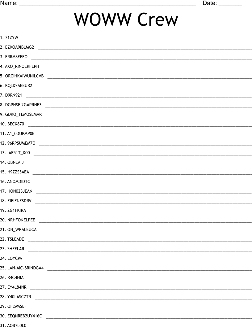 WOWW Crew Word Scramble - WordMint