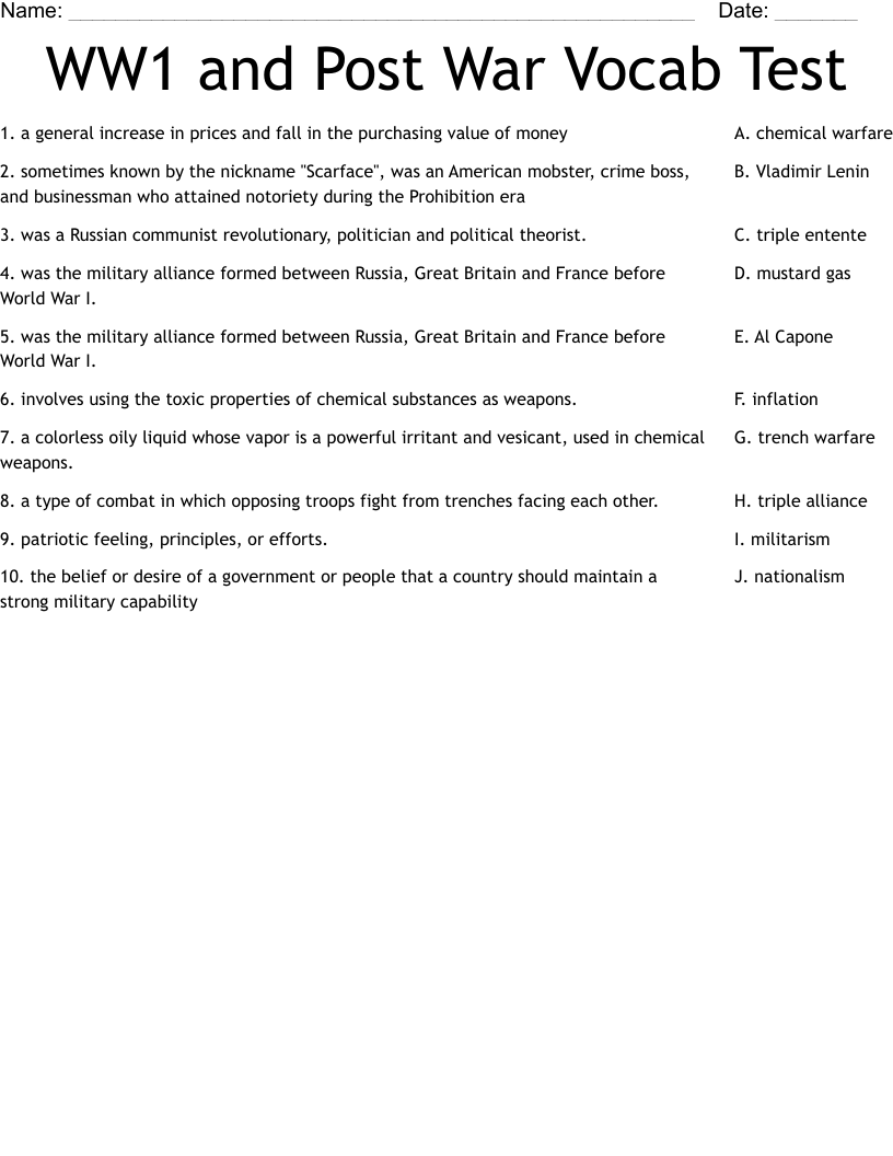 WW1 and Post War Vocab Test Worksheet - WordMint