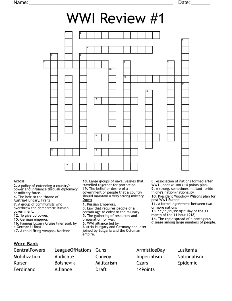 WWI Review 1 Crossword WordMint