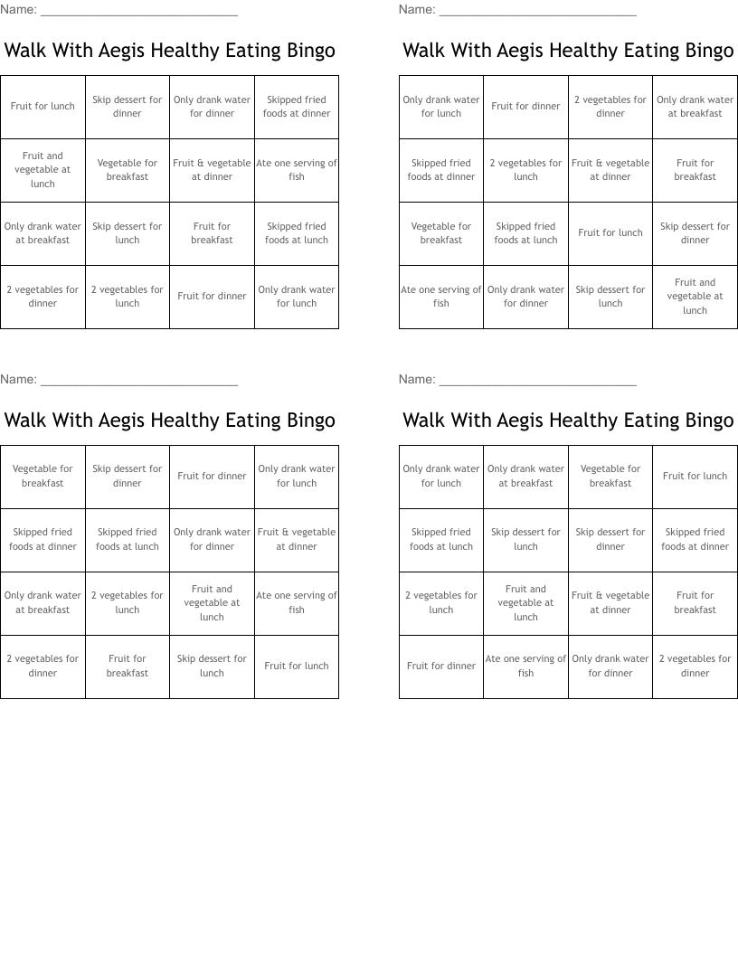 Walk With Aegis Healthy Eating Bingo - WordMint