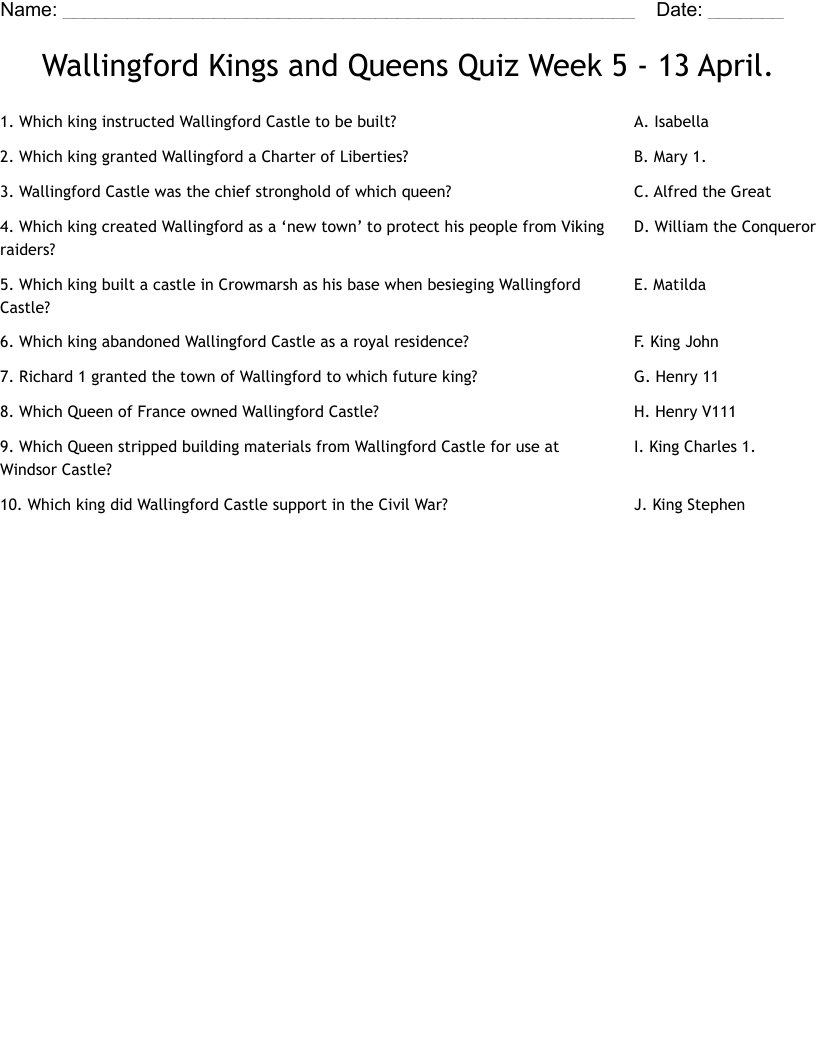Wallingford Kings and Queens Quiz Week 5 - 13 April. Worksheet - WordMint