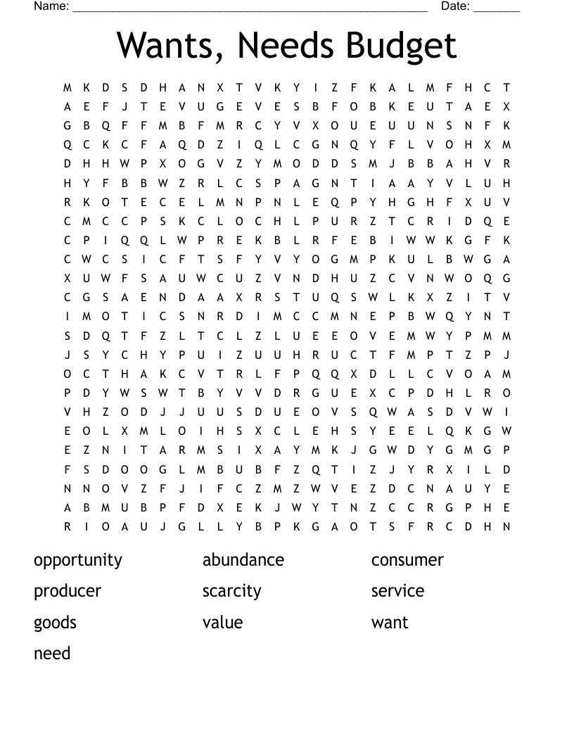 Wants Needs Budget Word Search WordMint