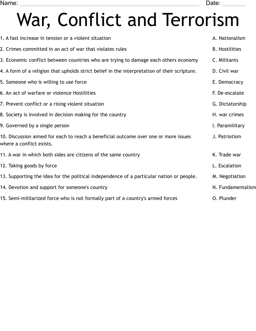 War, Conflict and Terrorism Worksheet - WordMint