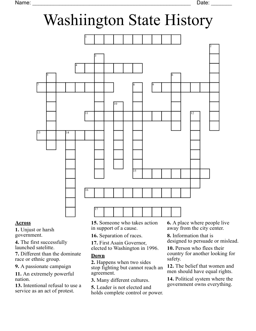 Washiington State History Crossword - WordMint