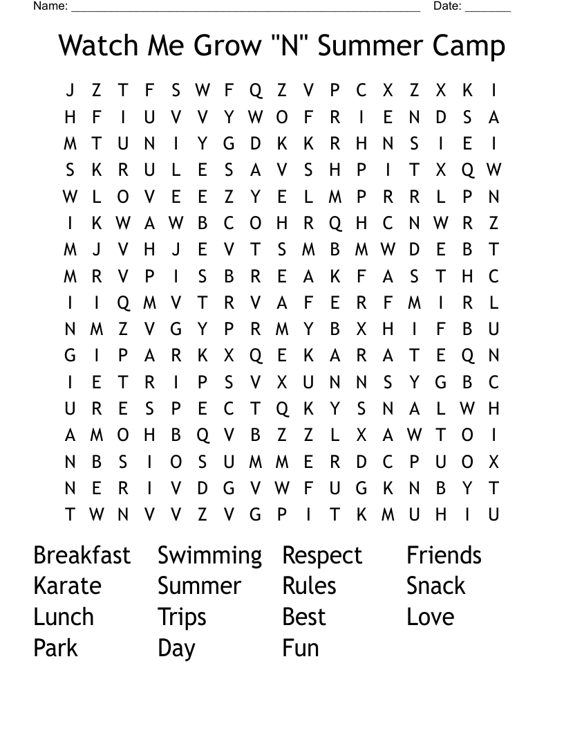 Watch Me Grow "N" Summer Camp Word Search - WordMint