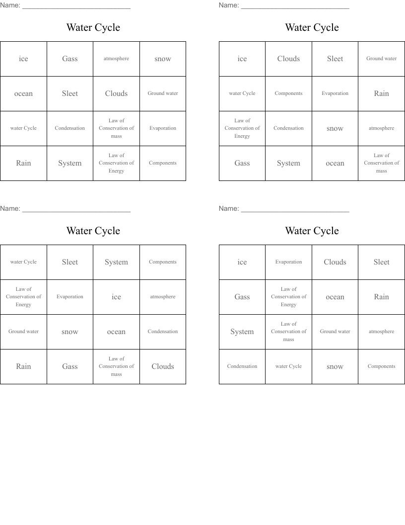Water Cycle Bingo Cards - WordMint