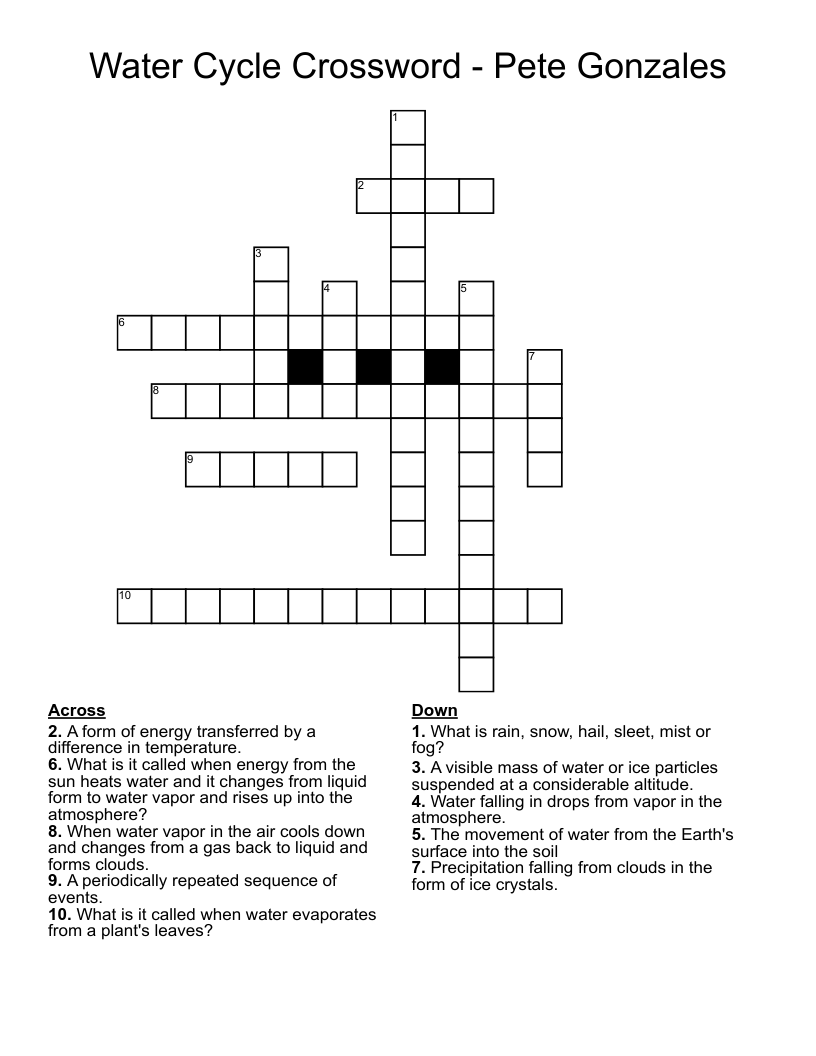 Water Cycle Crossword - Pete Gonzales - WordMint