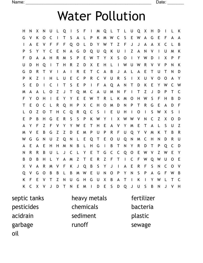 Water Pollution Word Search WordMint