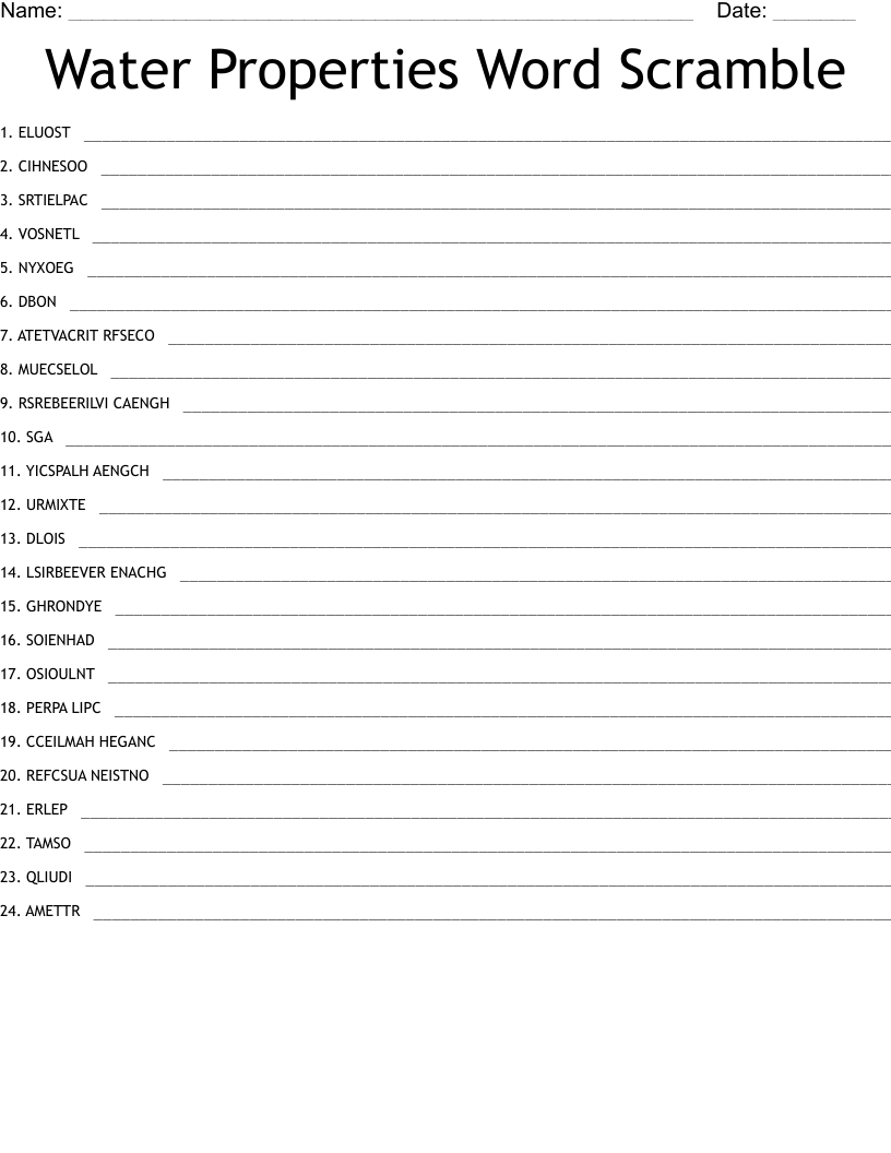 Water Properties Word Scramble - WordMint