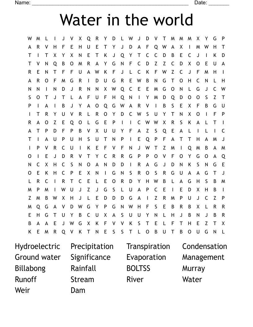 Water in the world Word Search - WordMint