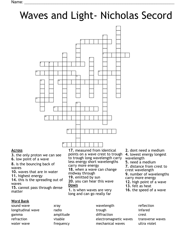 Waves and Light- Nicholas Secord Crossword - WordMint