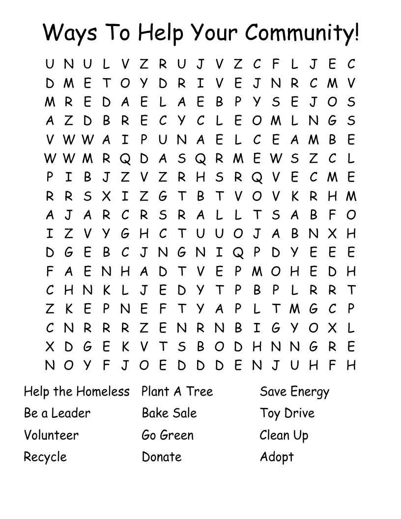 Ways To Help Your Community! Word Search - WordMint