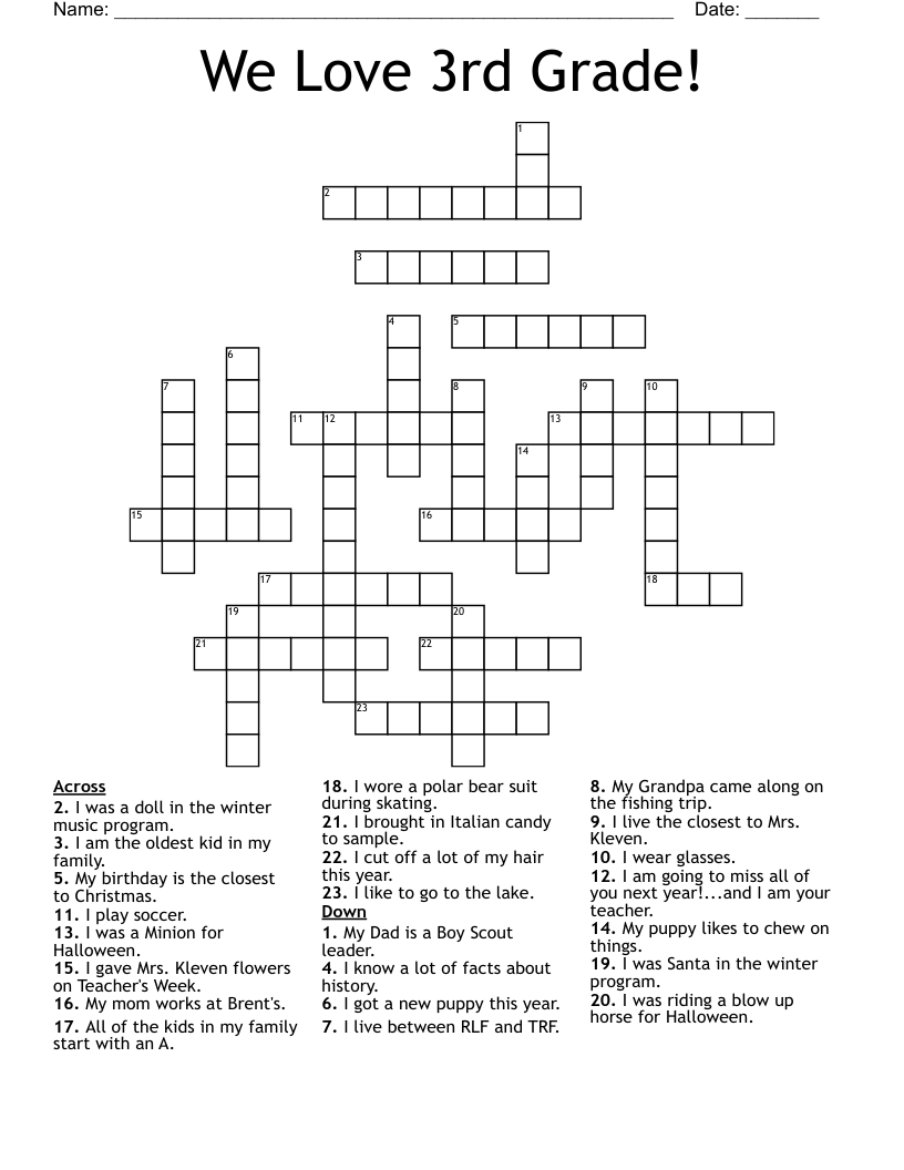 We Love 3rd Grade! Crossword - WordMint