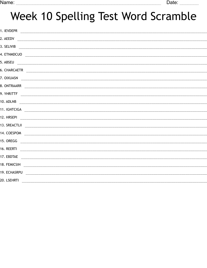 Week 10 Spelling Test Word Scramble - WordMint