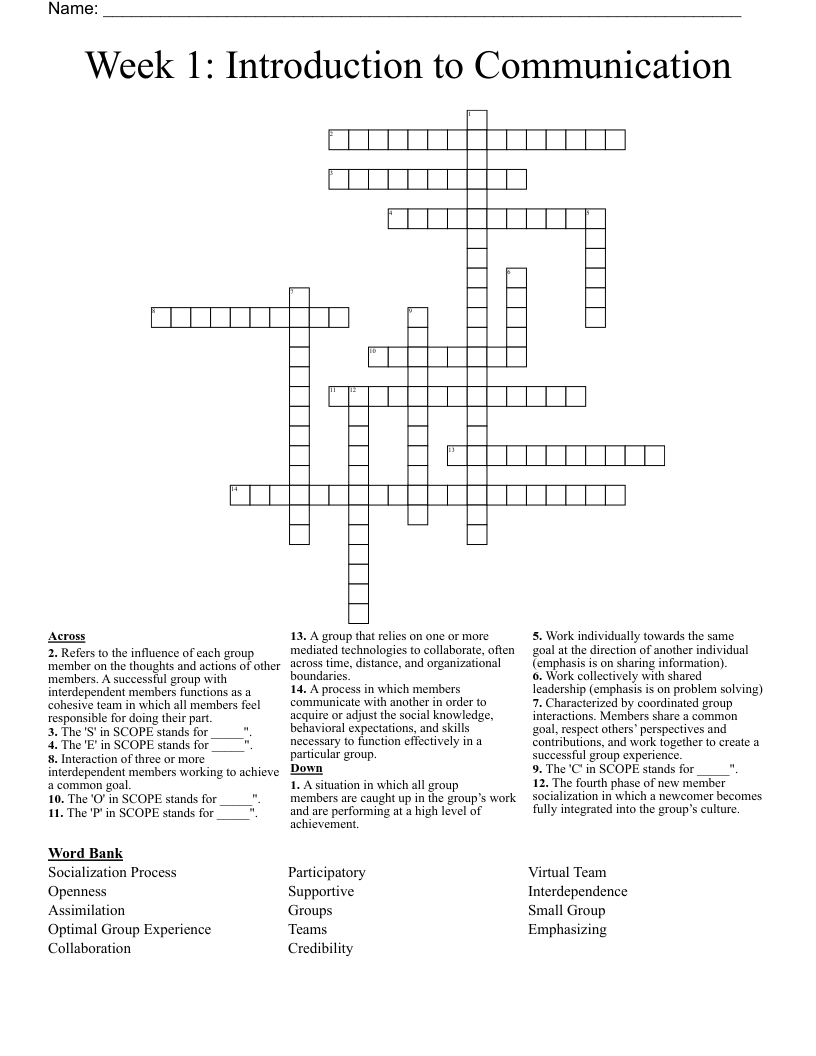 Week 1: Introduction to Communication Crossword - WordMint