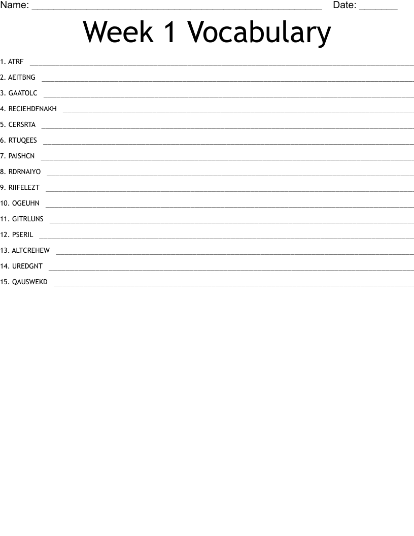 Week 1 Vocabulary Word Scramble - WordMint