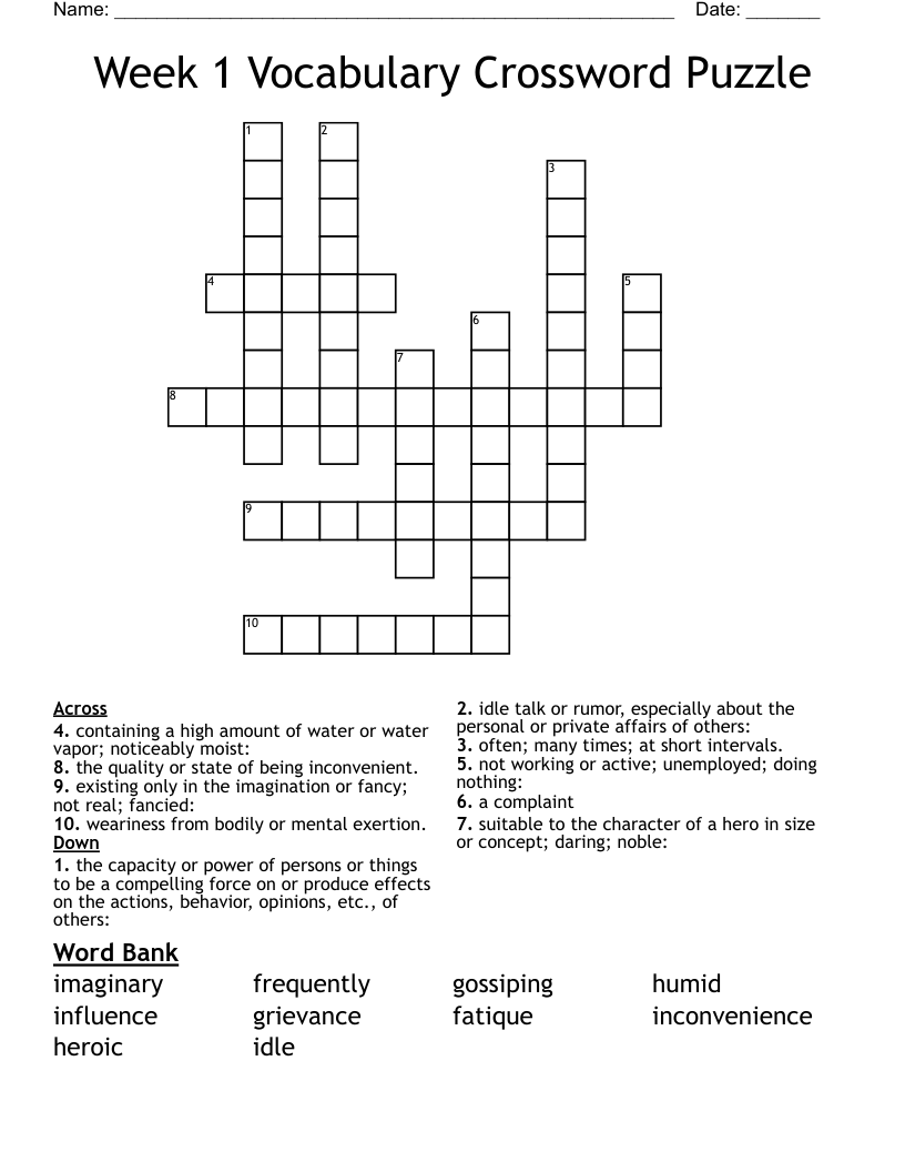 Week 1 Vocabulary Crossword Puzzle - WordMint
