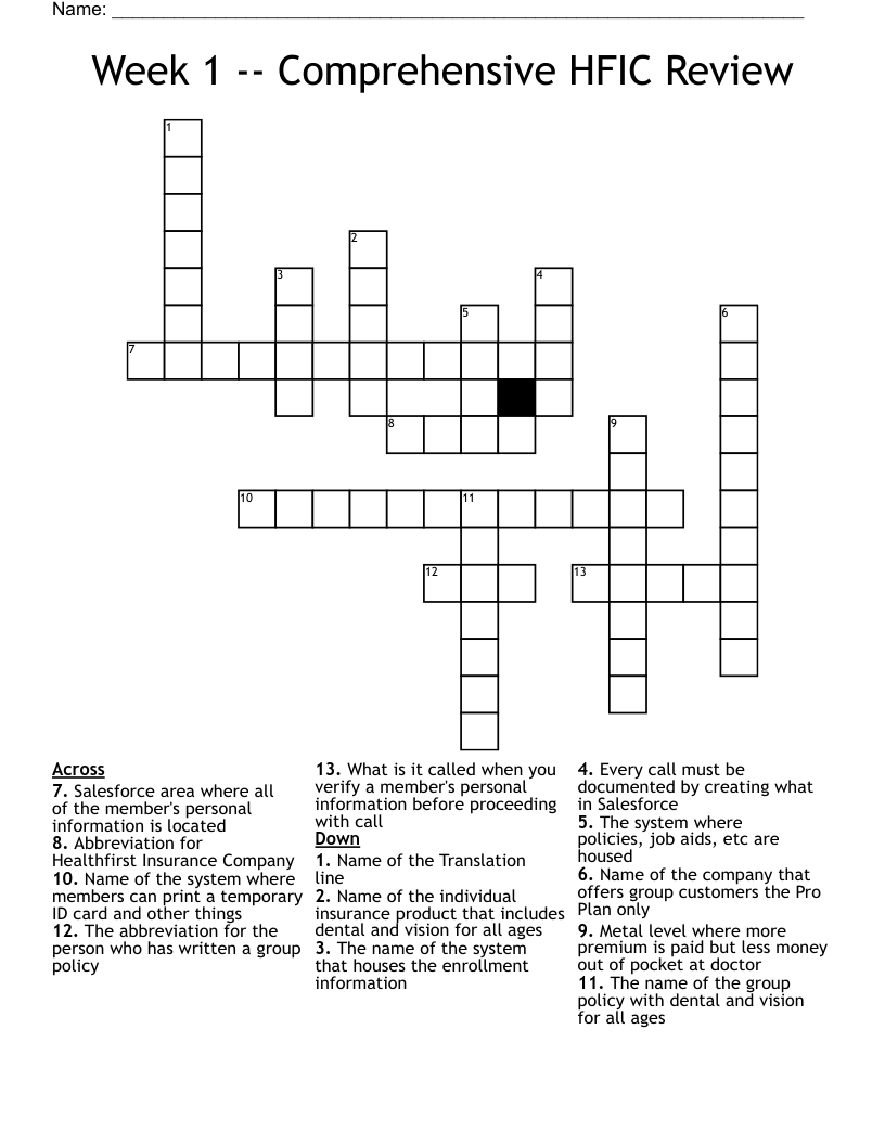 Week 1 -- Comprehensive HFIC Review Crossword - WordMint