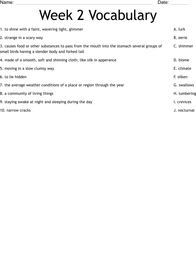 Week 2 Vocabulary Worksheet - WordMint