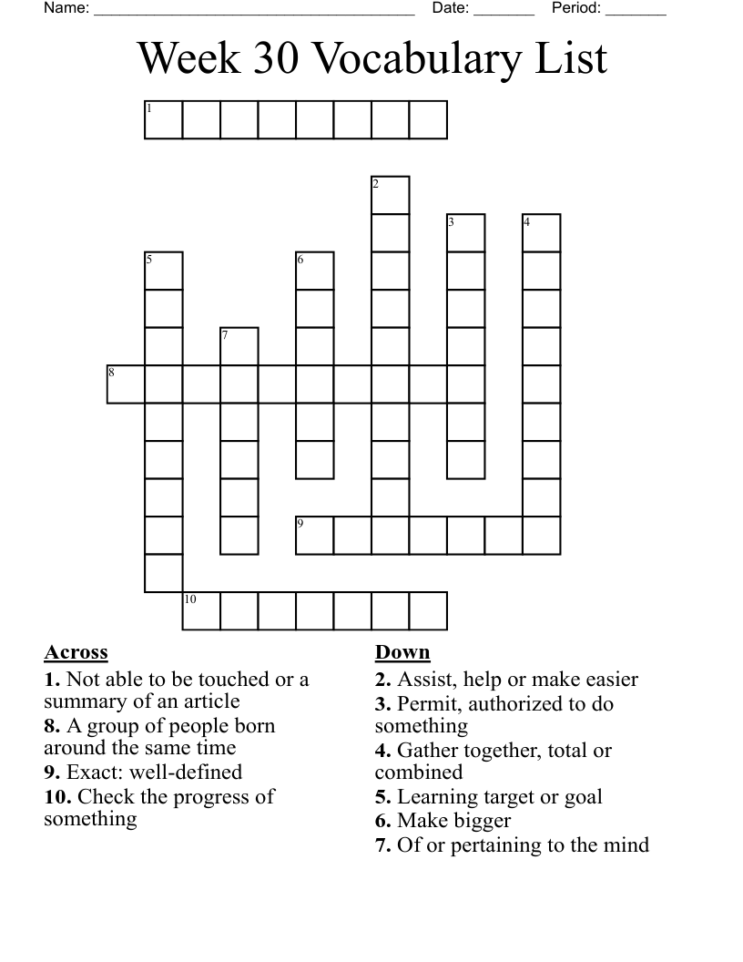 Week 30 Vocabulary List Crossword - WordMint