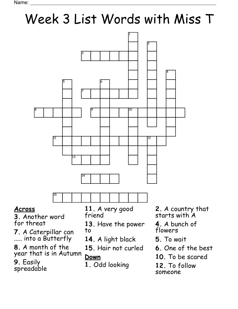 Week 3 List Words With Miss T Crossword WordMint