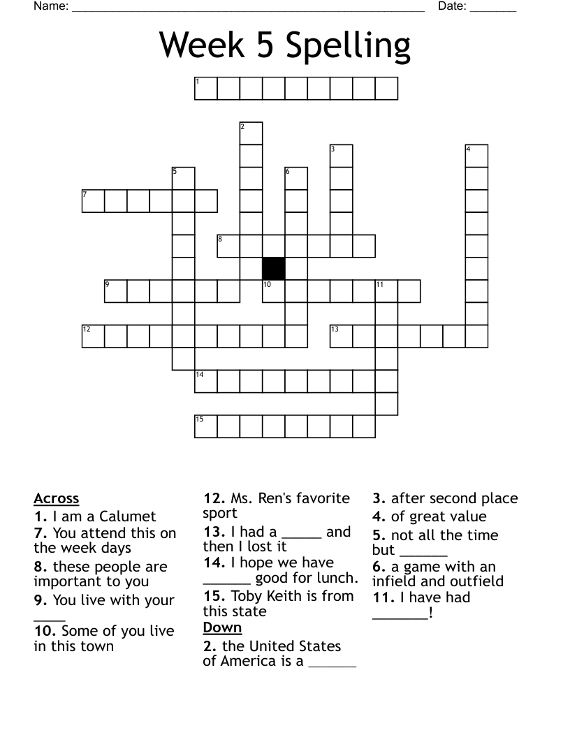 Week 5 Spelling Crossword - WordMint