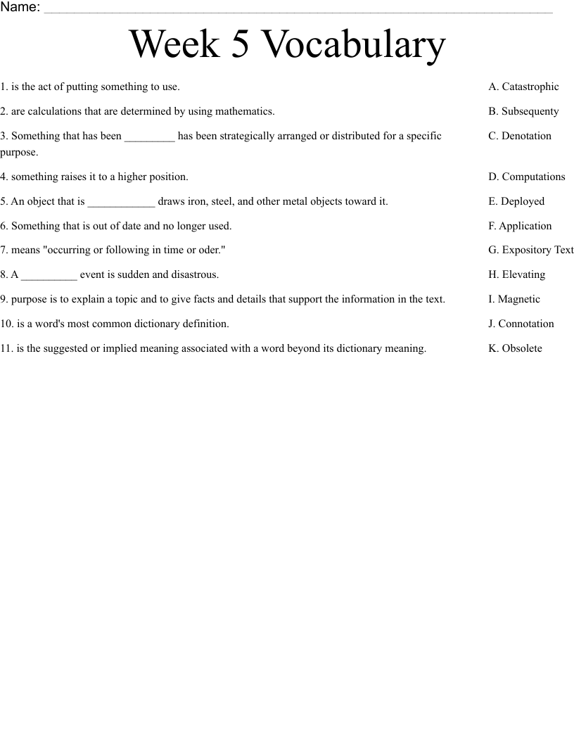 Week 5 Vocabulary Worksheet - WordMint