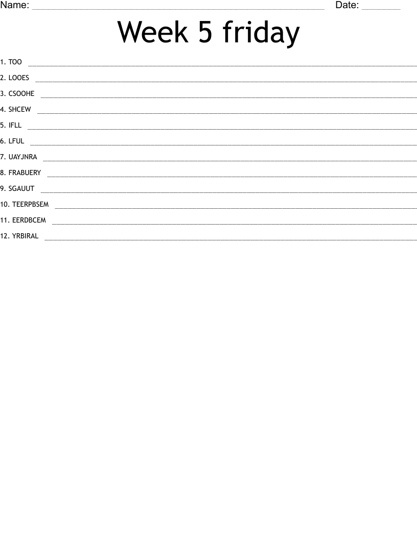 Week 5 friday Word Scramble - WordMint
