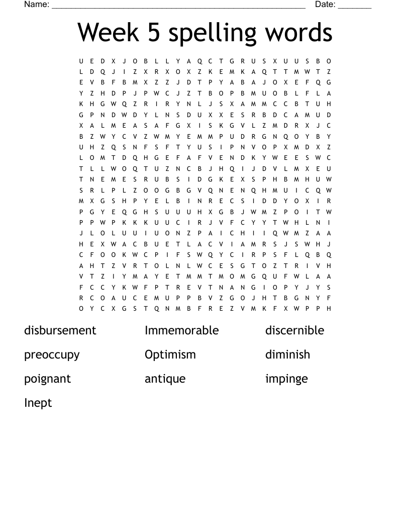 Week 5 spelling words Word Search - WordMint