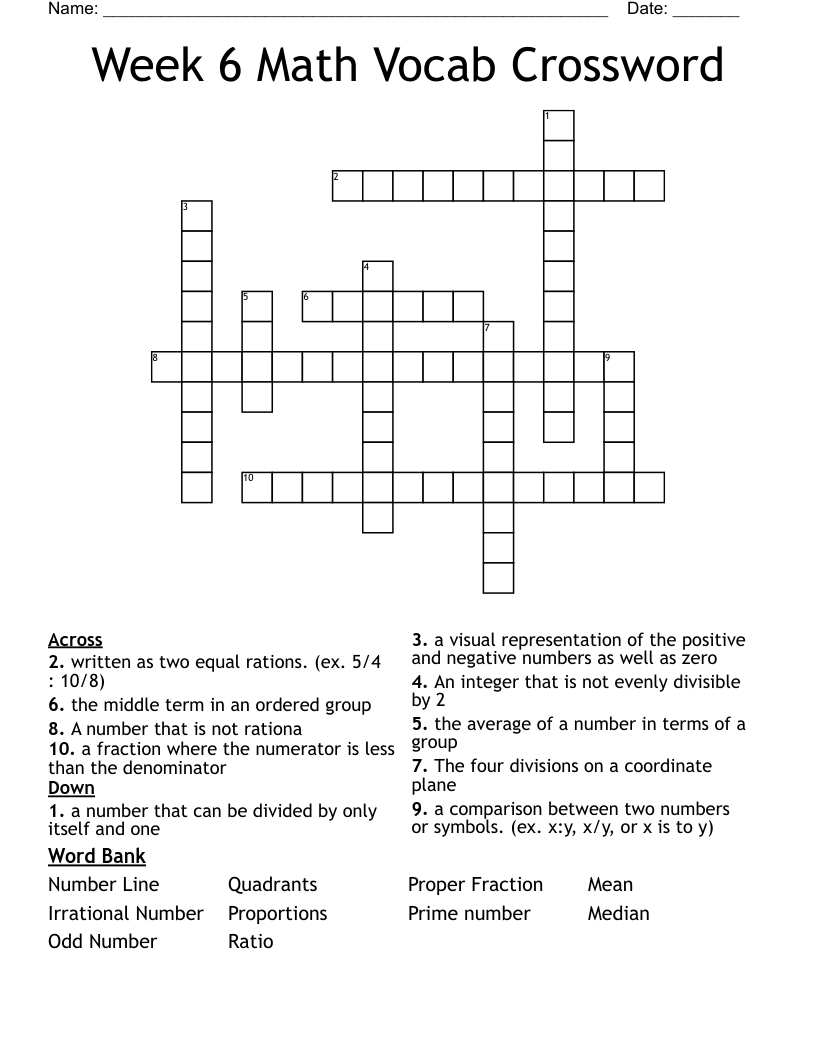 Week 6 Math Vocab Crossword - WordMint