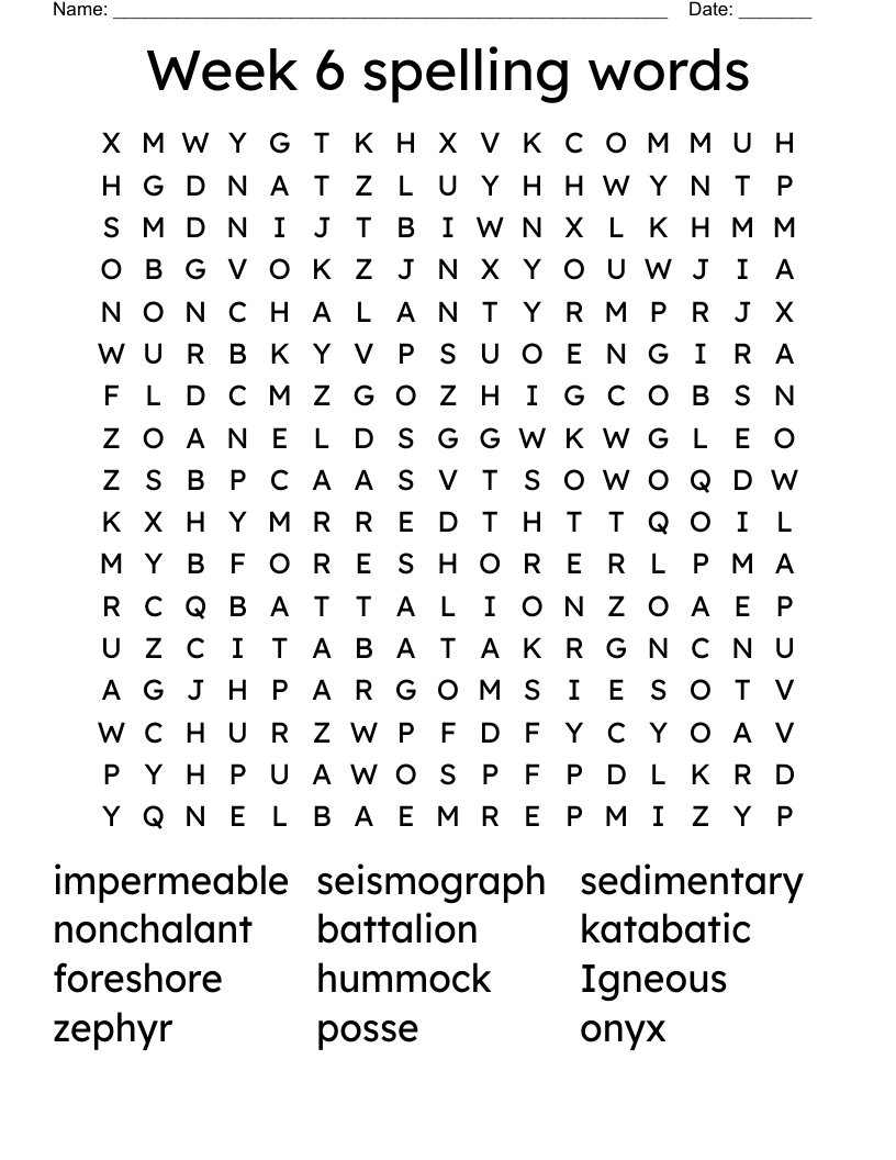 Week 6 spelling words Word Search - WordMint