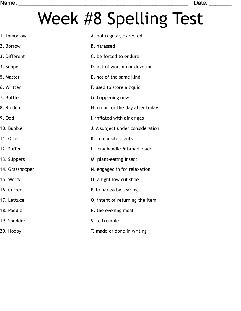Week #8 Spelling Test Worksheet - WordMint