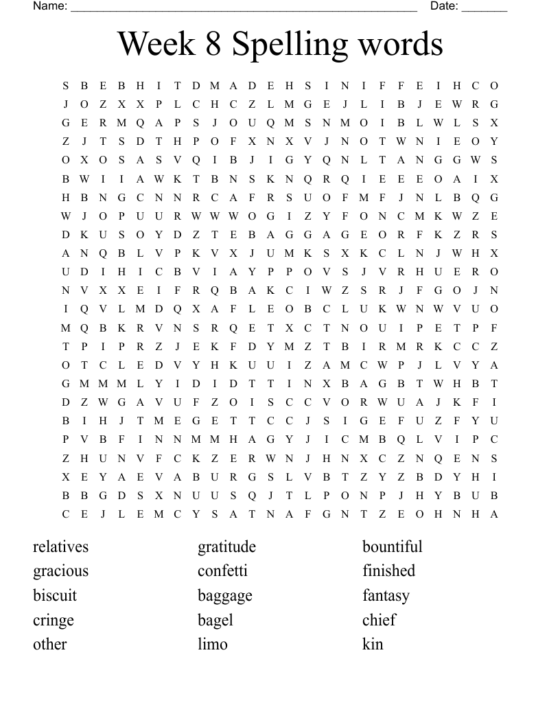 Week 8 Spelling words Word Search - WordMint