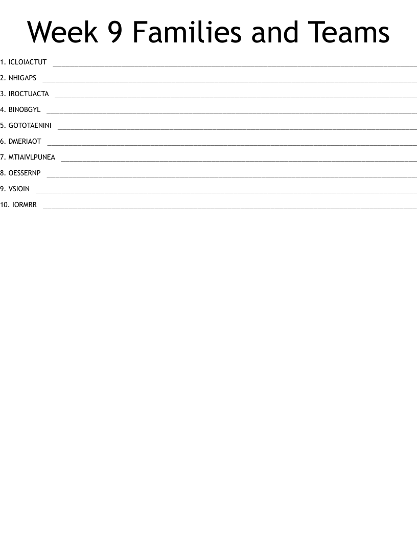 Week 9 Families and Teams Word Scramble - WordMint
