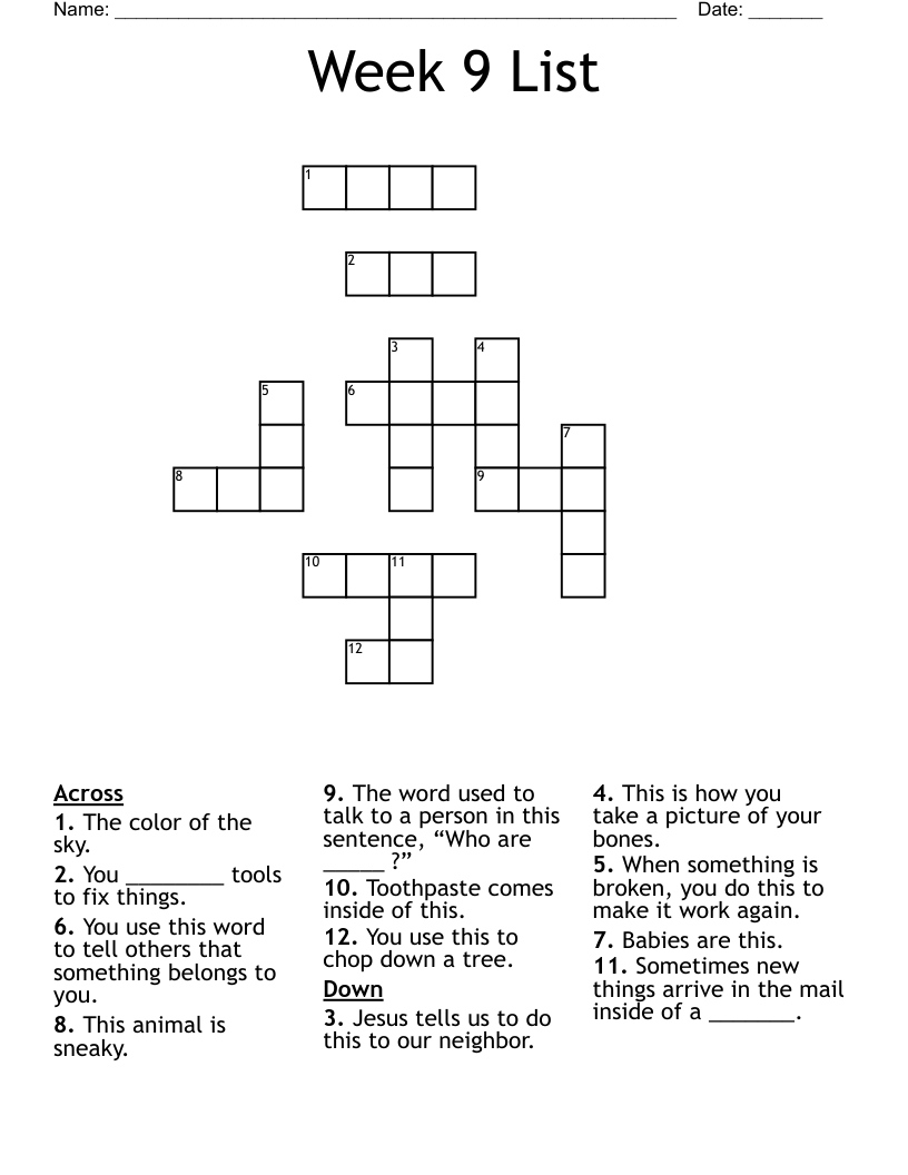 Week 9 List Crossword - WordMint