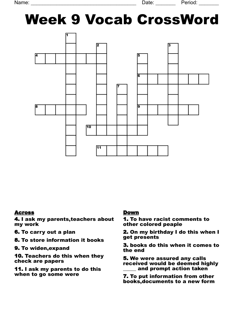 Week 9 Vocab CrossWord - WordMint