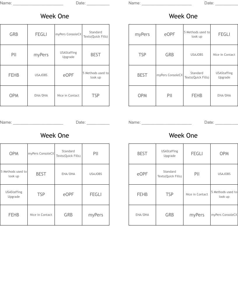 Week One Bingo Cards - WordMint