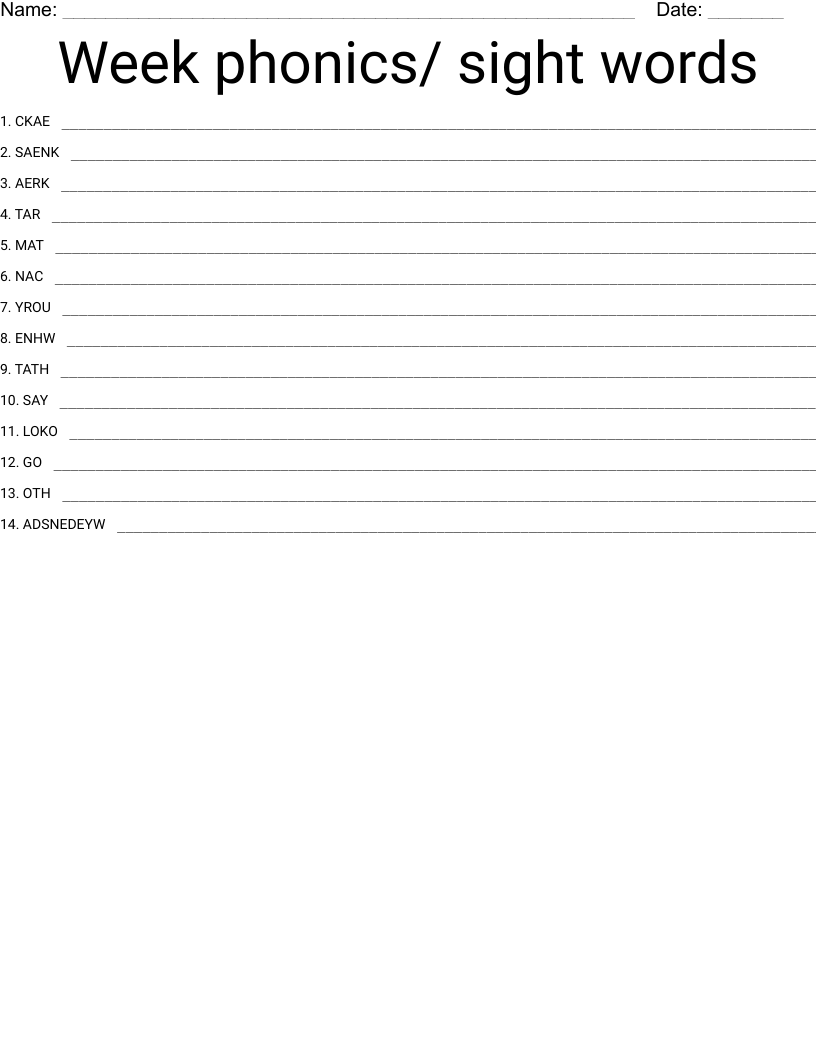 Week phonics/ sight words Word Scramble - WordMint