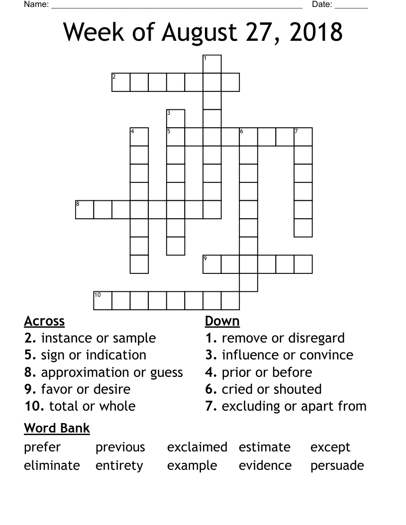 Week of August 27, 2018 Crossword - WordMint