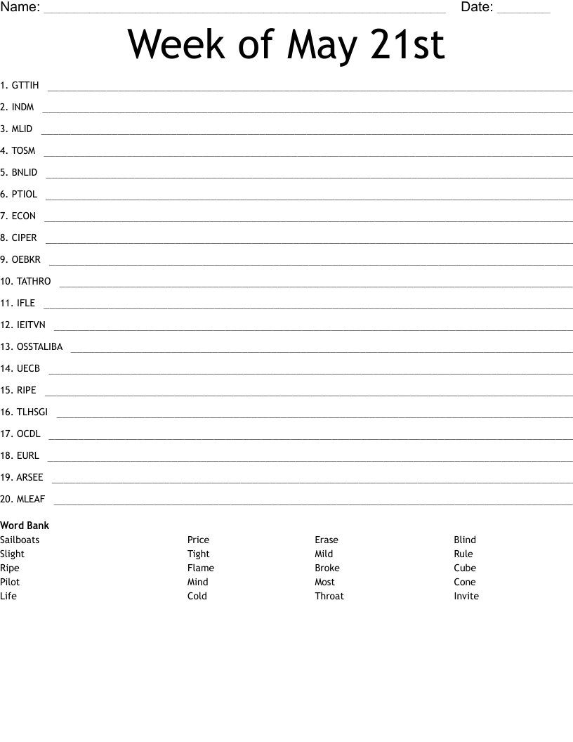 Week of May 21st Word Scramble - WordMint