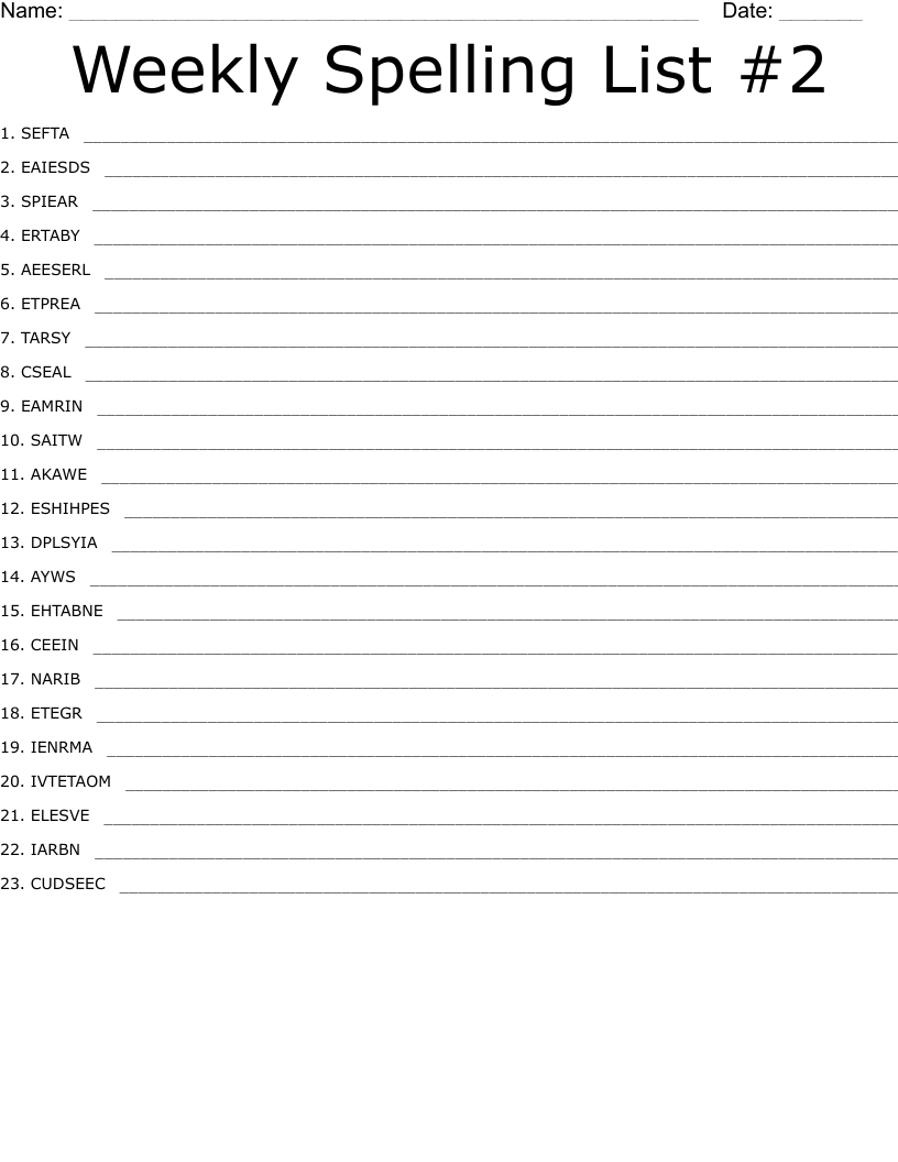 Weekly Spelling List #2 Word Scramble - WordMint