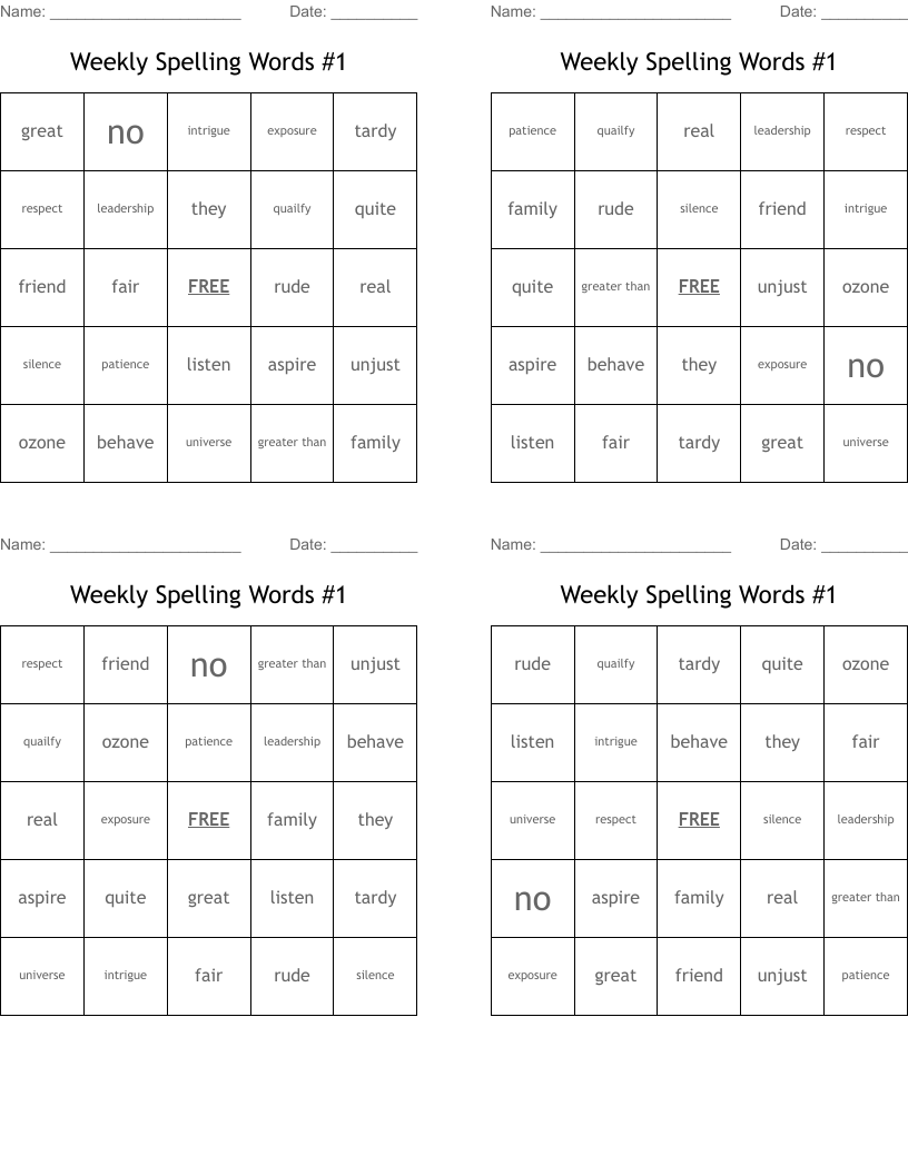 Weekly Spelling Words #1 Bingo Cards - WordMint