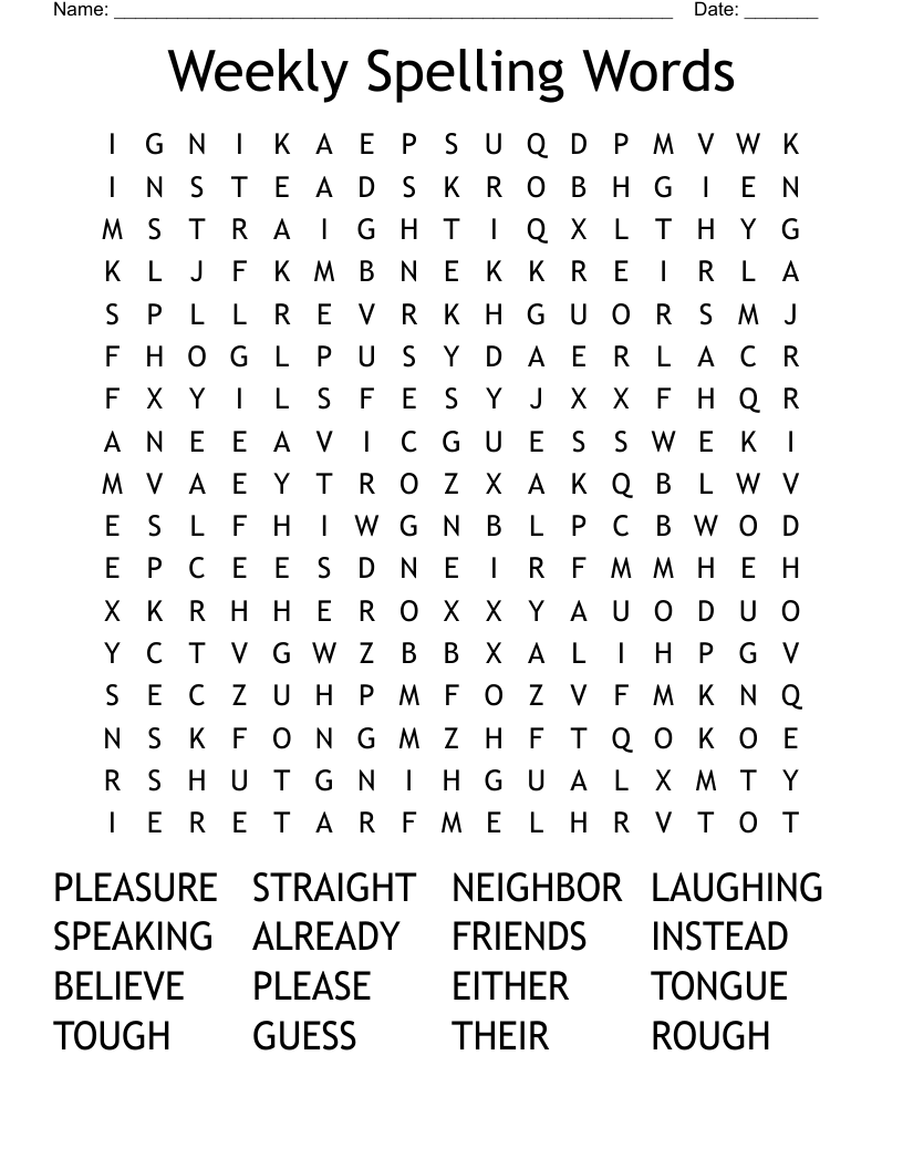 Weekly Spelling Words Word Search - WordMint