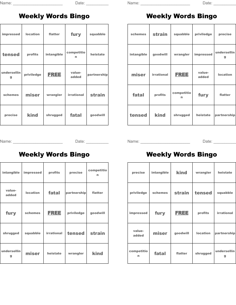 Weekly Words Bingo - WordMint