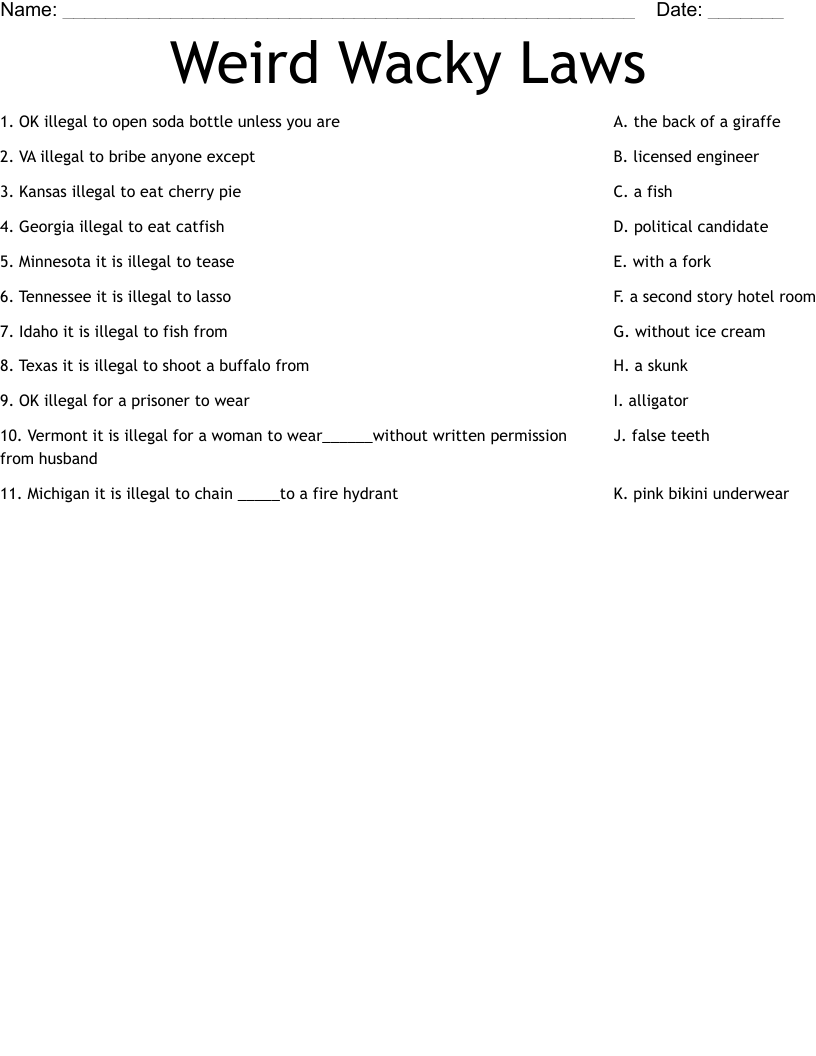 Weird Wacky Laws Worksheet - WordMint