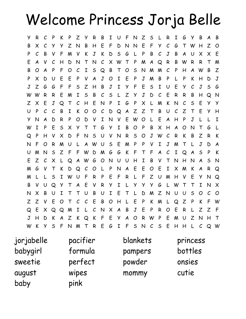 Welcome Princess Jorja Belle Word Search - WordMint